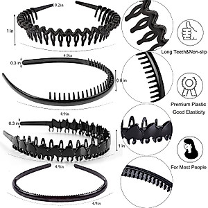 ULTIMUTE 8 PCS Fashion Effortless Plastic Headbands with Teeth Comb Black Skinny Headbands No Slip Hair Bands for Women Men Teen Girls, Bright Black