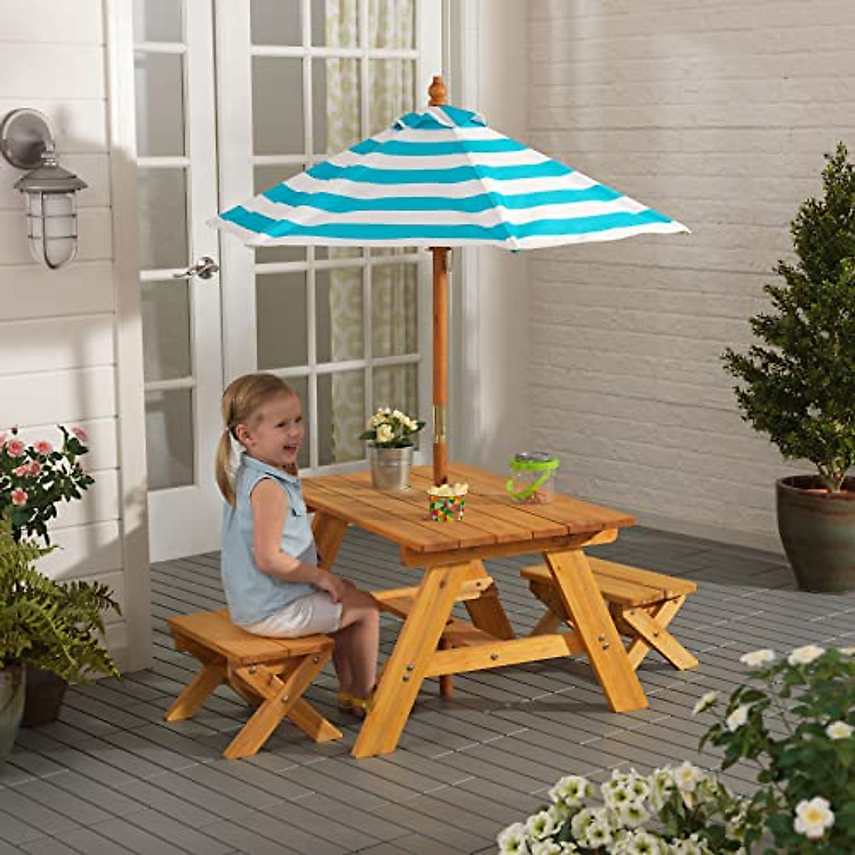 KidKraft Outdoor Wooden Table & Bench Set with Striped Umbrella, Children's Backyard Furniture, Turquoise and White, Gift for Ages 3-8, Amazon Exclusive