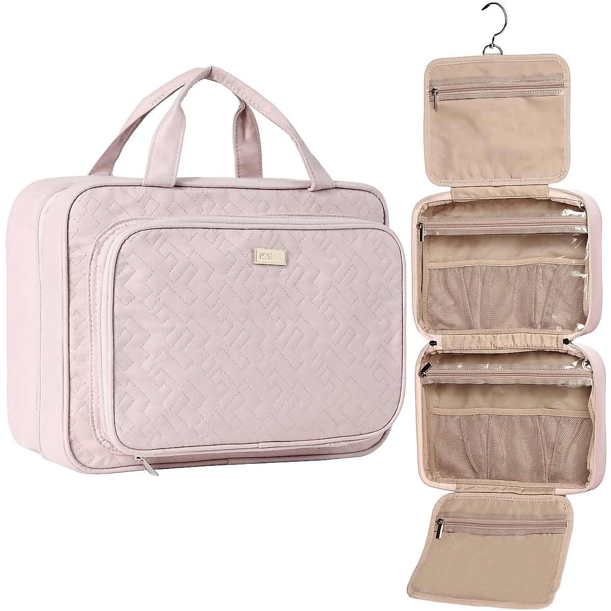 NISHEL Hanging Travel Toiletry Bag, Visible Makeup Organizer, Cosmetic Case for Journey Accessories, Bathroom Shower, Pink