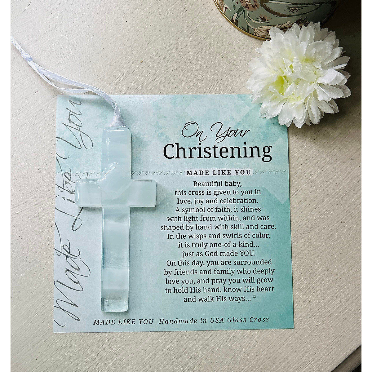 On Your Christening, Beautiful Baby Aqua/Clear Handmade Glass Cross Keepsake Gift