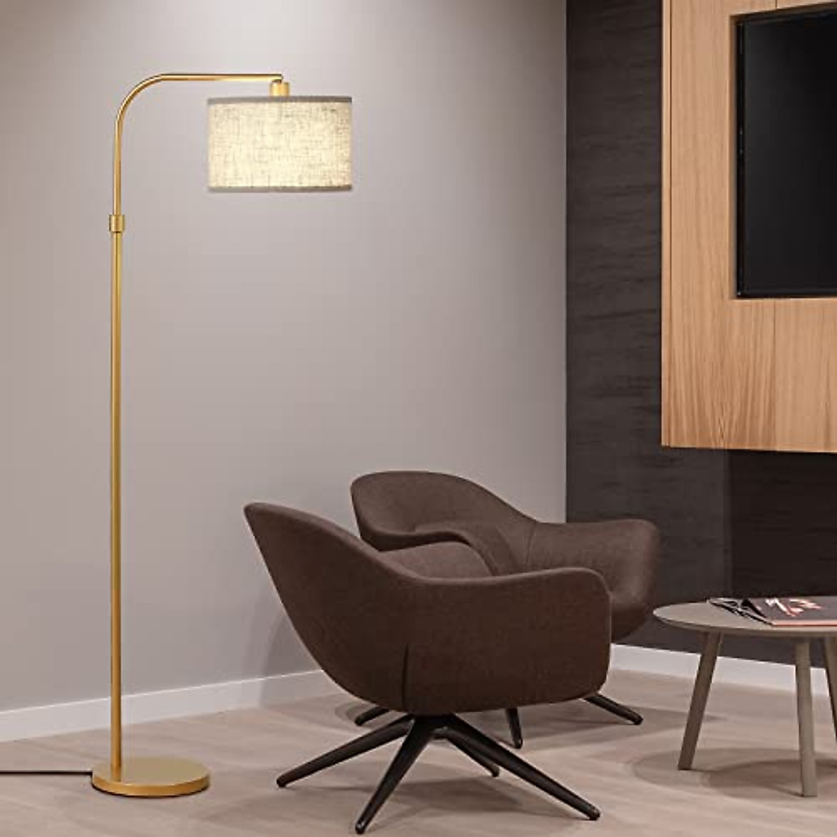 EDISHINE Modern Arched Floor Lamp, Arc Standing Tall Lamp with Adjustable Linen Lampshade, Corner Reading Light for Living Room, Bedroom, Office, 62" (Gold)