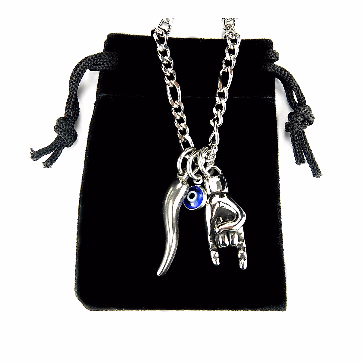 Mano Cornuto, Cornicello, and Nazar combo Necklace, on 20" Figaro Chain, Italian Lucky Hand Horn Anti Evil Eye Good Luck Amulet Protection Charms All Stainless