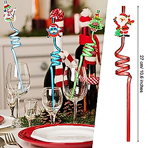 24 Pieces Christmas Drinking Straws with Cartoon Decorations, Christmas Drinking Plastic Straws Reusable, Christmas Party Swirly Straws Beverages Straws for Christmas Birthday Party Favors, 6 Styles