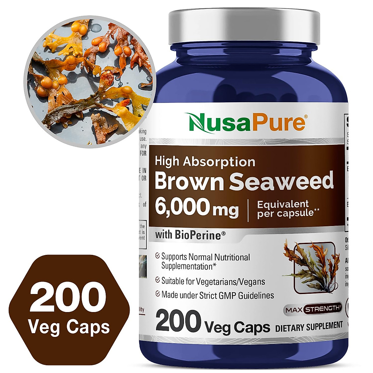 NusaPure Brown Seaweed Extract 6,000 mg - 200 Veggie Capsules - Fucoxanthin (Vegan, Bioperine, Non-GMO, Vegan)
