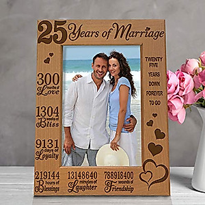 KATE POSH 25 Years of Marriage Engraved Natural Wood Frame, 25th, Husband & Wife, 25 Years Down Forever to Go, Silver Wedding Anniversary (5x7-Vertical)