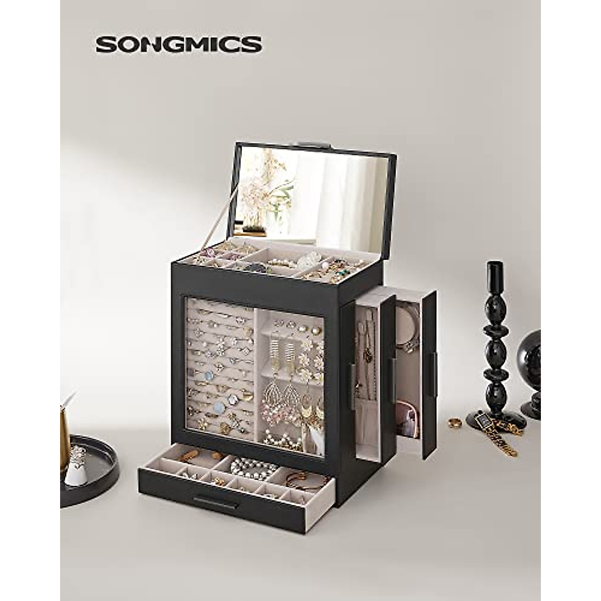 SONGMICS Jewelry Box with Glass Window, 5-Layer Jewelry Organizer with 3 Side Drawers, Jewelry Storage, with Vertical Storage Space, Big Mirror, Modern Style, Graphite Black and Silver UJBC162B01
