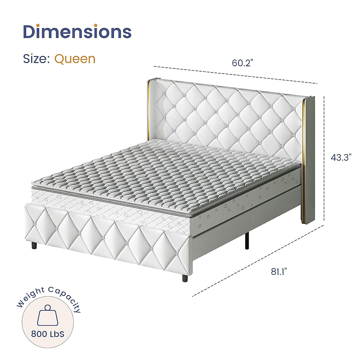 HOMBCK Queen Size Bed Frame with Diamond Headboard, White Upholstered Platform Queen Bed Frame Faux Leather with Gold Wingback, Strong Wood Slat Support, Easy Assembly, White