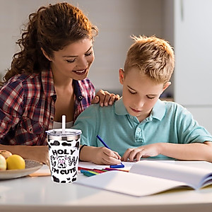 Cow Tumbler for Kids, 12 oz Cute Insulated Tumbler with Lid and Straw, Double Wall Stainless Steel, Toddler Sippy Cup For Boys & Girls Travel & Home, White