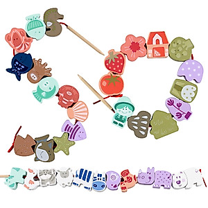 LOVESTOWN Wooden Lacing Beads, 67 PCS Stringing Beads Large Lacing Bead Animals Stringing Toy Montessori Toddler Preschool Toys for Toddlers Kid Birthday Gifts