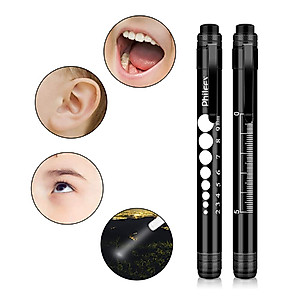 Pen Light, Phileex Medical Pen Light Nurse Pen Lights with Pupil Gauge for Nurses Nursing Students Doctors 2pcs Black with Batteries