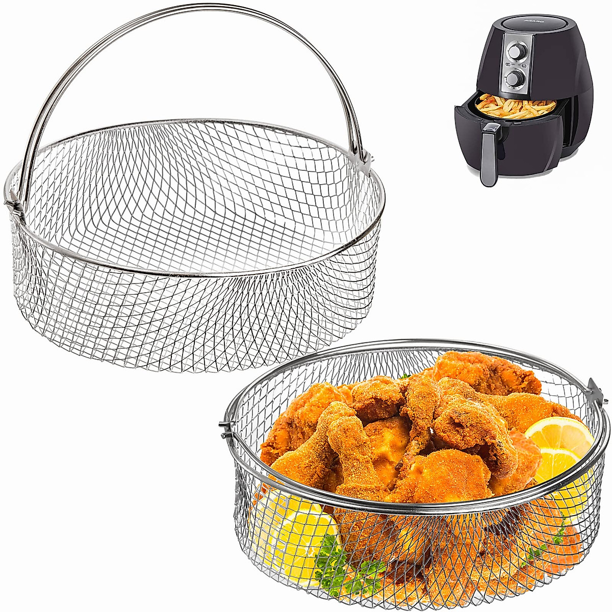 Elsjoy 2 Pack Air Fryer Basket, 8 Inch Air Fryer Replacement Accessory Mesh Basket with Handle, 18/8 Stainles Steel Steamer Basket for Air Fryer, Instant Pot, Oven, Steamer