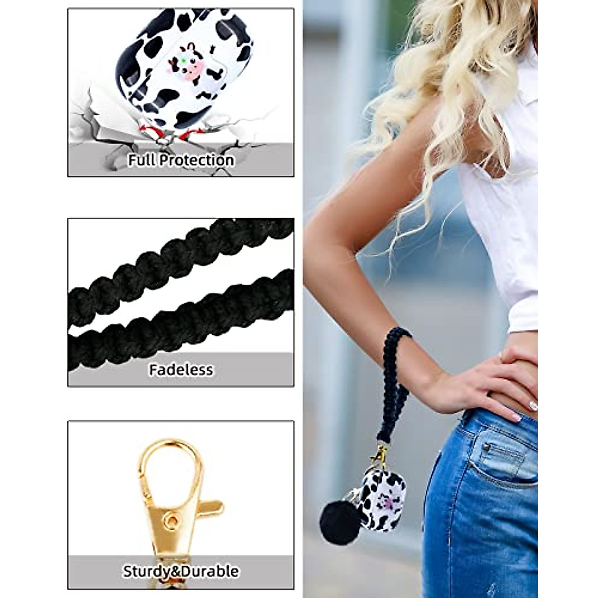 Cute Airpod Pro Case with Lanyard Keychain, ORATYFAN Air Pod Pro Hard Protective Charging Case Cover with Pom Pom Ball and Fadeless Patterns for Women Girls Gift(Cow)