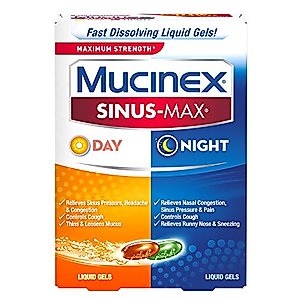 Mucinex Sinus-Max Max Strength Day & Night Liquid Gels (24ct) Relieves Sinus Pressure and Congestion, Headaches, Pain, Runny Nose, Sneezing, Thins and Loosens Mucus, Controls Cough