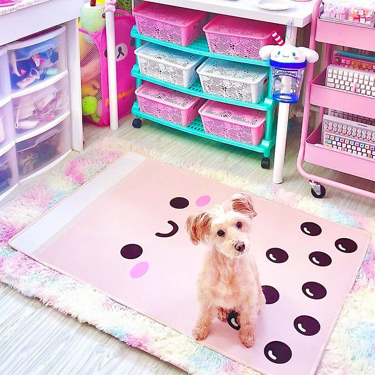 Glopastel Boba Anime Rug | Rectangular Kids Girls Women Home Bedroom Area Carpet | Machine Washable Cute Bubble Tea Japanese Cartoon Room Decor (Beige, 28"x42")