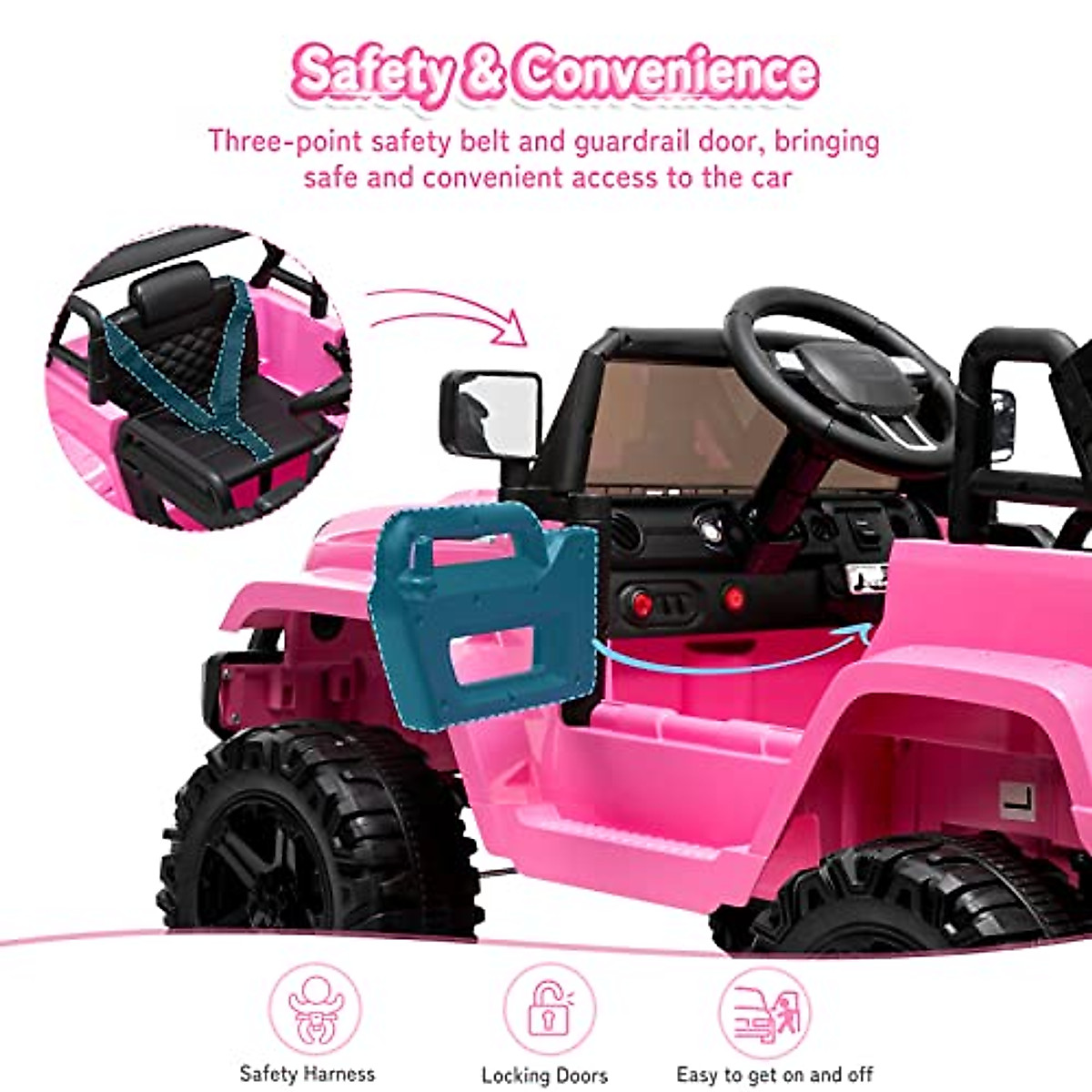 JOYMOR Ride on Truck with Remote Control, 4 Wheels 12V Battery Powered Kids Car, with LED Headlight/Horn Button/ MP3 Player/USB Port/Forward Backward/Kids Girl Boy (Pink)