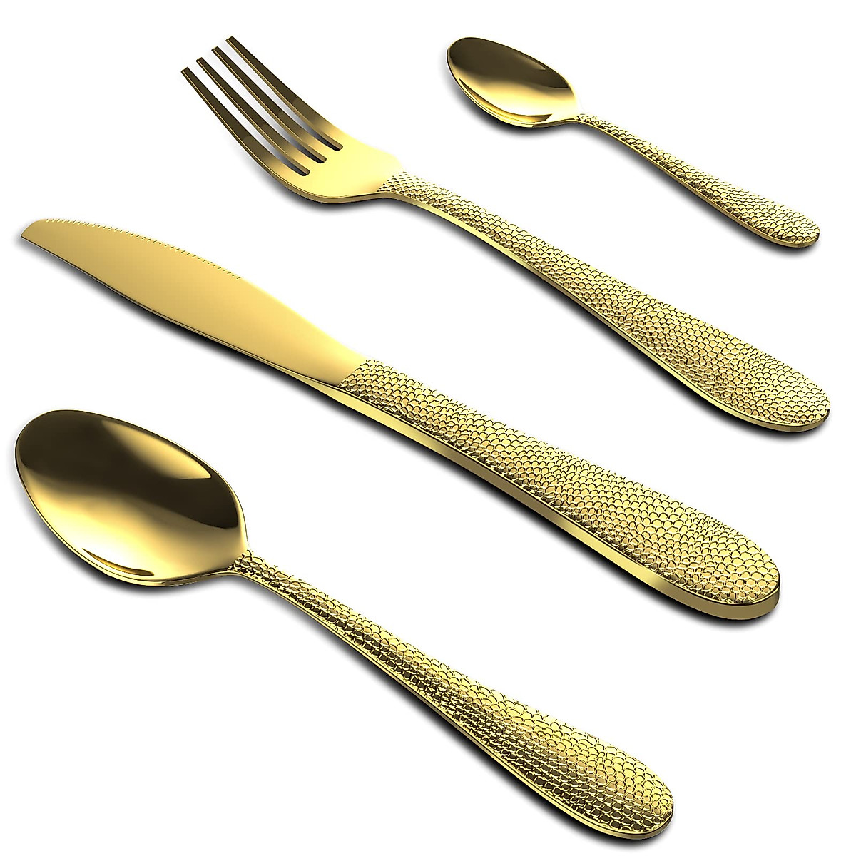 Anyagolgo Travel Utensils Set Stainless Steel Portable Utensils Set with Case Reusable 4pcs Steak Knife,Fork,Spoon,Coffee Spoon,Lunch Utensils with Case for Work Office School Picnic Camping (golden)