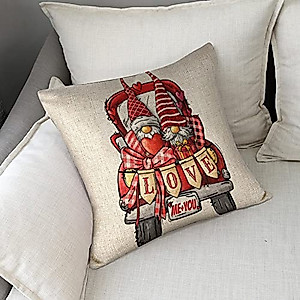 Love Gnomes Truck Throw Pillow Covers 18×18 Pillowcases Set of 2 Valentine's Day Cute Linen Decorative Square Pillow Case Cushion Covers Standard Size for Sofa Couch Outdoor Bed Pillow Protectors