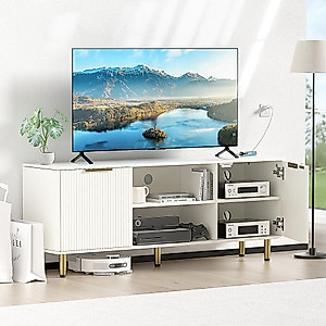 Furniwood TV Stand for 65+ Inch TV, Mid Century Modern TV Stand for Bedroom, TV Entertainment Center with Storage Cabinets, TV Consoles for Living Room, White