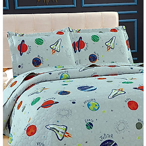 3 Pieces Kid's Galaxy Outer Space Adventure Bedspread Coverlet Set Twin Size with Pillowcases, Planets Rockets Printed Quilt Set for Boys Girls Children Lightweight Bedding Sets (Twin, Gray Universe)