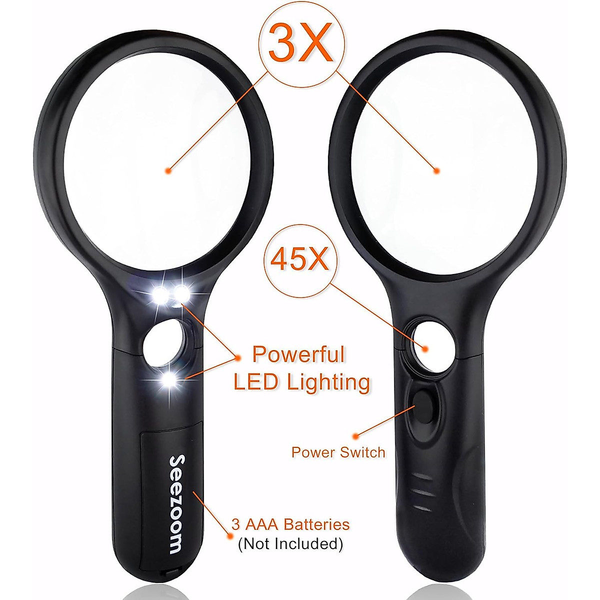 SeeZoom Lighted Magnifying Glass 3X 45x Magnifier Lens - Handheld Magnifying Glass with Light for Reading Small Prints, map, Coins and Jewelry - LED Magnifying Glass
