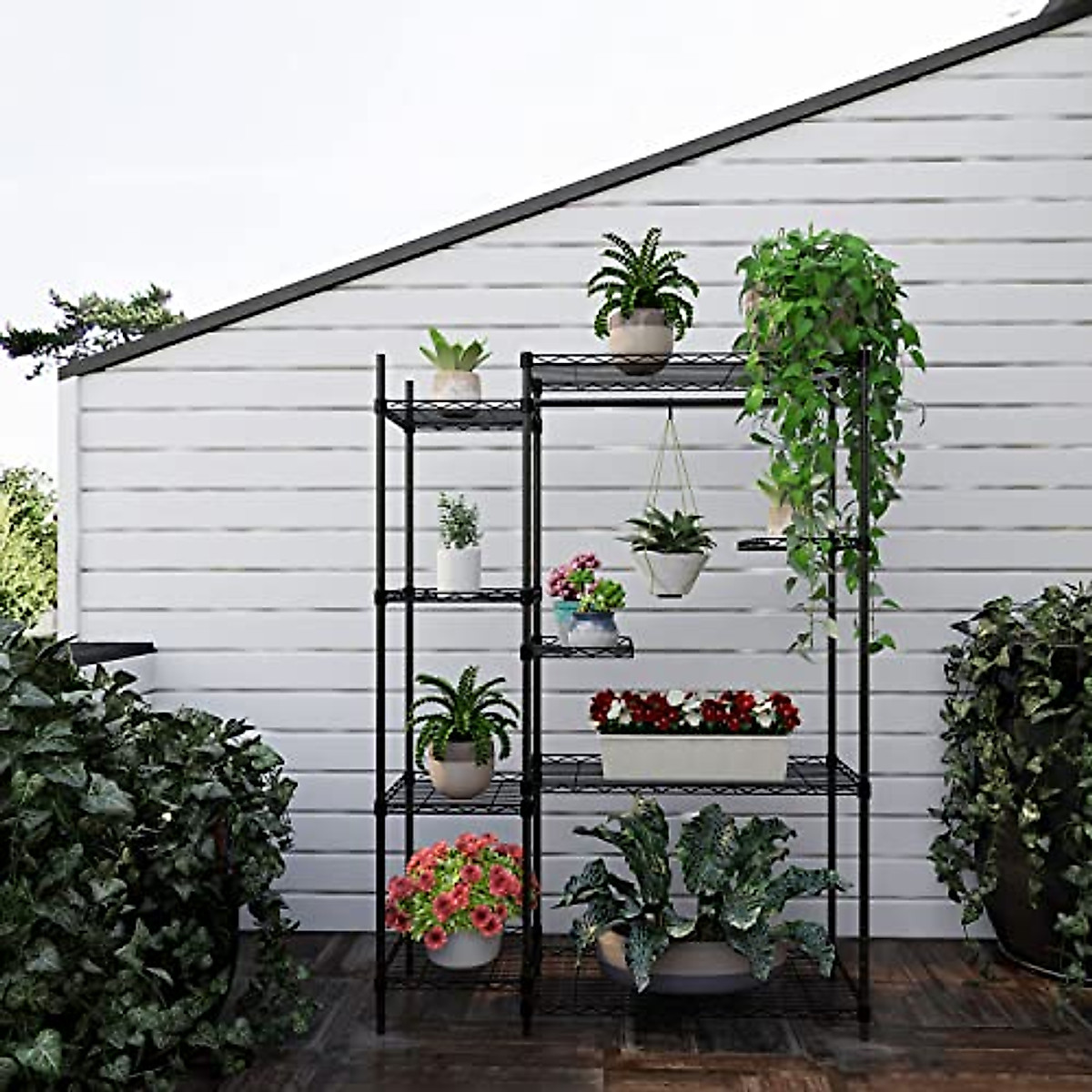 Xiofio Plant Stands for Indoor Plantsd Outdoor Plant Shelf, 4 Tier More Than 14 Pots Flower Pots Holder Storage Shelf Flower Stands With hanger rod for Living Room Balcony and Garden,Black