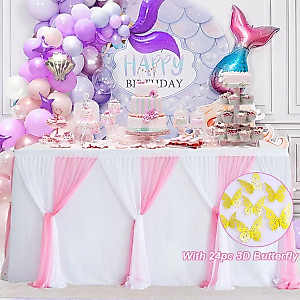 Albassa Table Skirts for Rectangle or Round Tables Pink Tulle TableCloth with 3D Butterfly for Princess Baby Shower Birthday Party Decorations（9ft*H 30in,Pink)