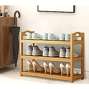 QUMENEY 3 Tier Shoe Rack for Entryway, Bamboo Shoe Rack Organizer Free Standing Sturdy Shoe Shelf, Small Wooden Shoes Rack Doorway Bedroom Living Room Balcony Closet, 27.5 X 9.8 X 20 Inch