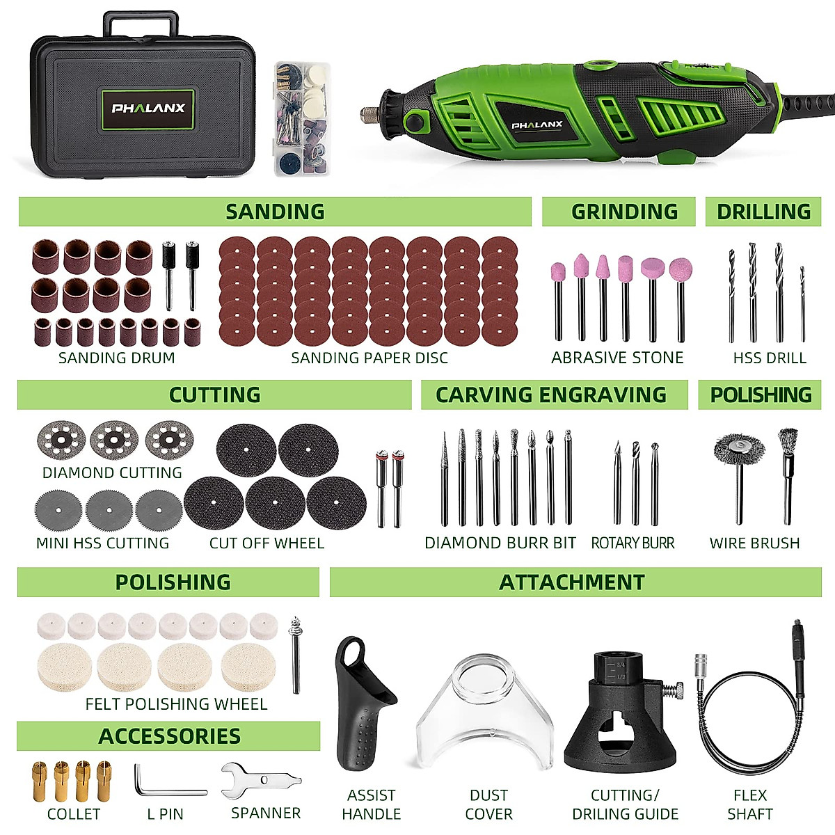 180W Rotary Tool Kit, 1.5-Amp PHALANX 6 Variable Speed with Flex Shaft, 8000-32000RPM Multi-Tool& 139pcs Accessories Kit, Power Multiuse Set Prefect for Crafting Projects and DIY Creations…