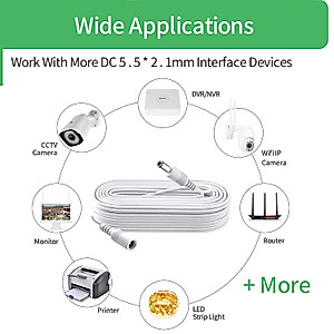 Security-01 33FT 10M DC 12V Power Extension Cable for CCTV Security Camera DVR Standalone, DC Extension Cord 5.5mm x 2.1mm,White