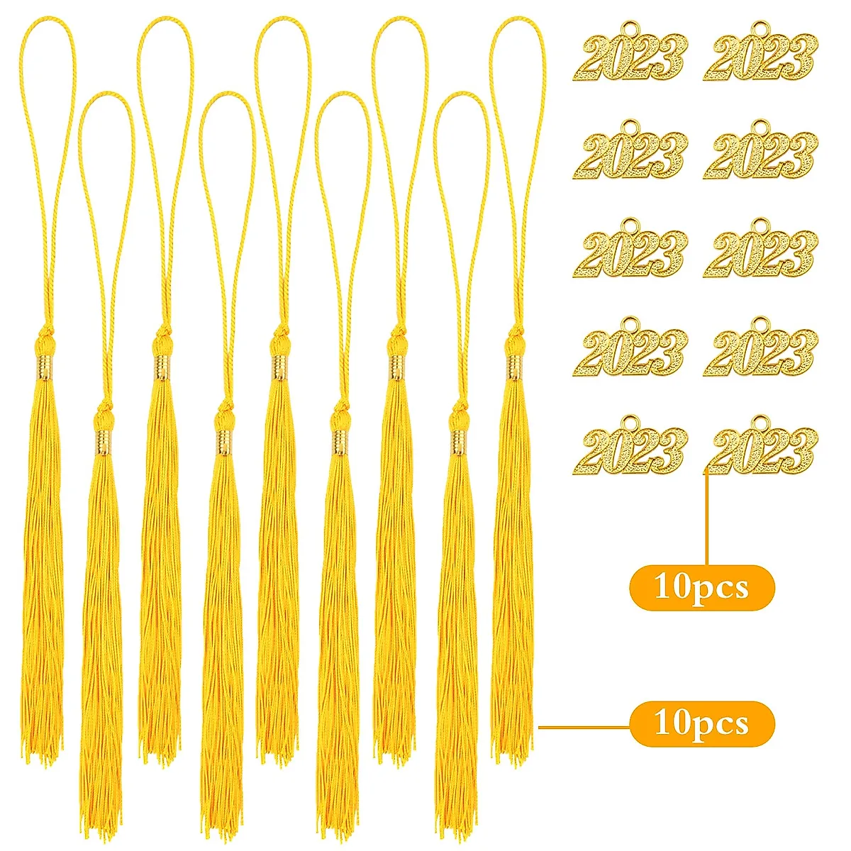 10pcs Yellow Graduation Tassels Academic Graduation Cap Decoration Tassel with 10pcs 2023 Year Golden Charms for 2023 Graduation Ceremonies Party Activities