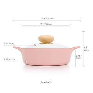 Neoflam Retro 2qt Non-Stick Ceramic Coated Stockpot with Integrated Steam Vent, Silicone Hot Handle Holder Included, Saute Pot, Casserole, Dutch Oven, 2-QT Low w/Glass Lid, Pink