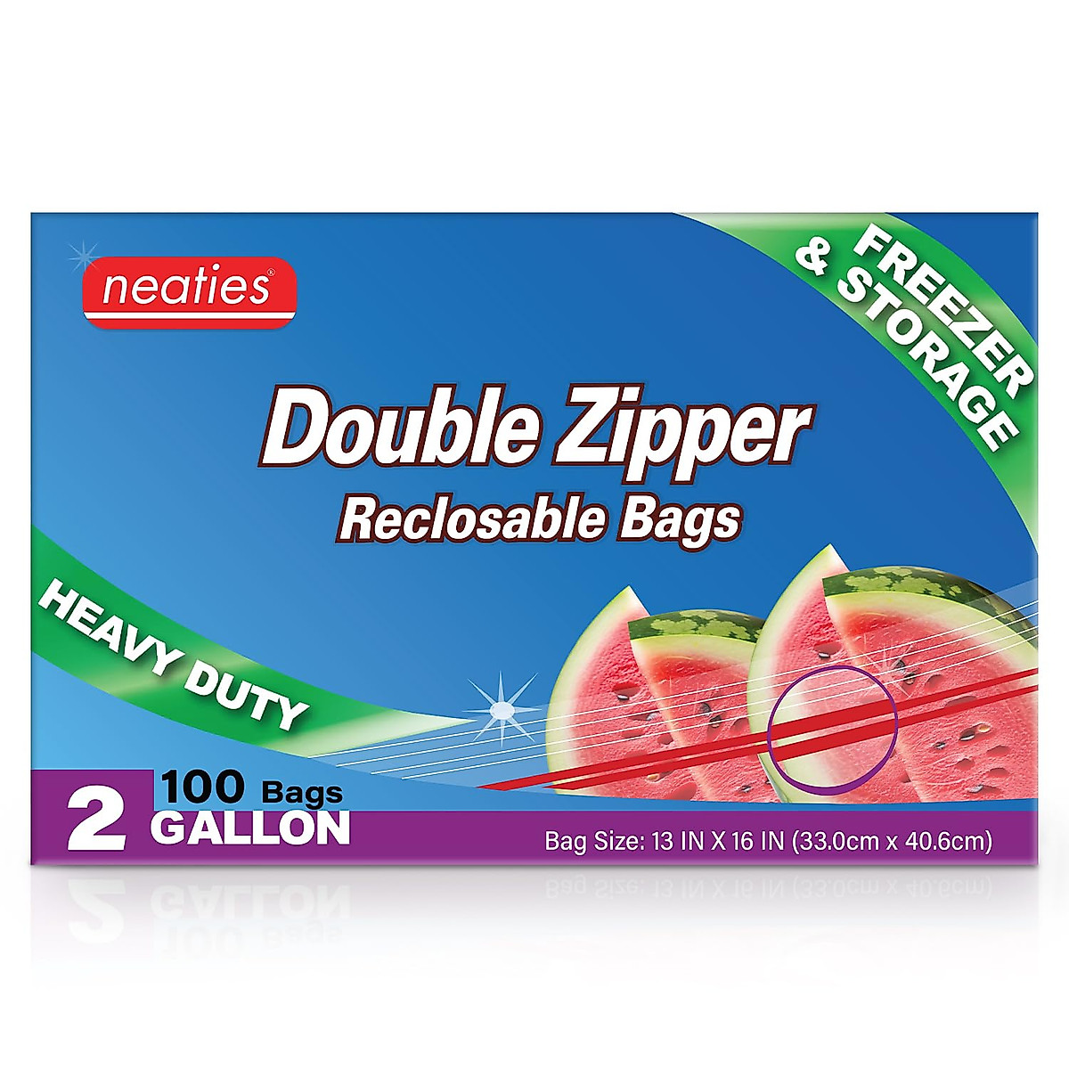 Neaties Heavy Duty 2 Gallon Double Zip Lock Bags for Kitchen or Storage, Food Storage Freezer Slider Bags 13"x16", 100pcs