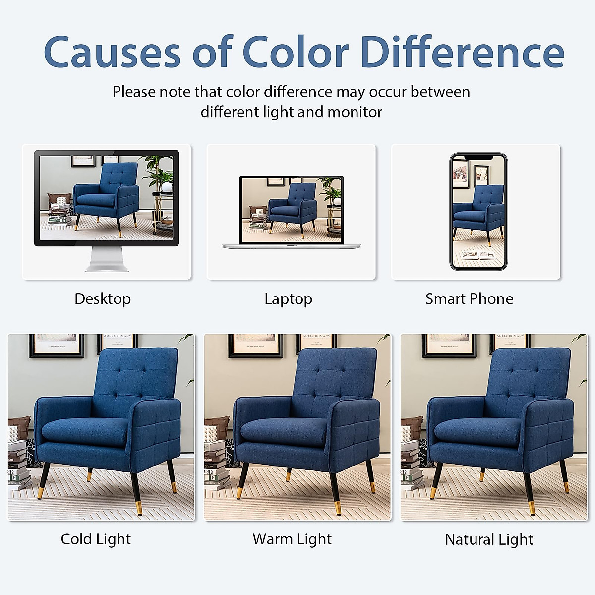 Giantex Modern Mid-Century Accent Chair - Upholstered Armchair with Tufted Back, Metal Legs, Adjustable Foot Pads, Linen Fabric Single Sofa Chair for Reading, Living Room Chair for Bedroom, Blue