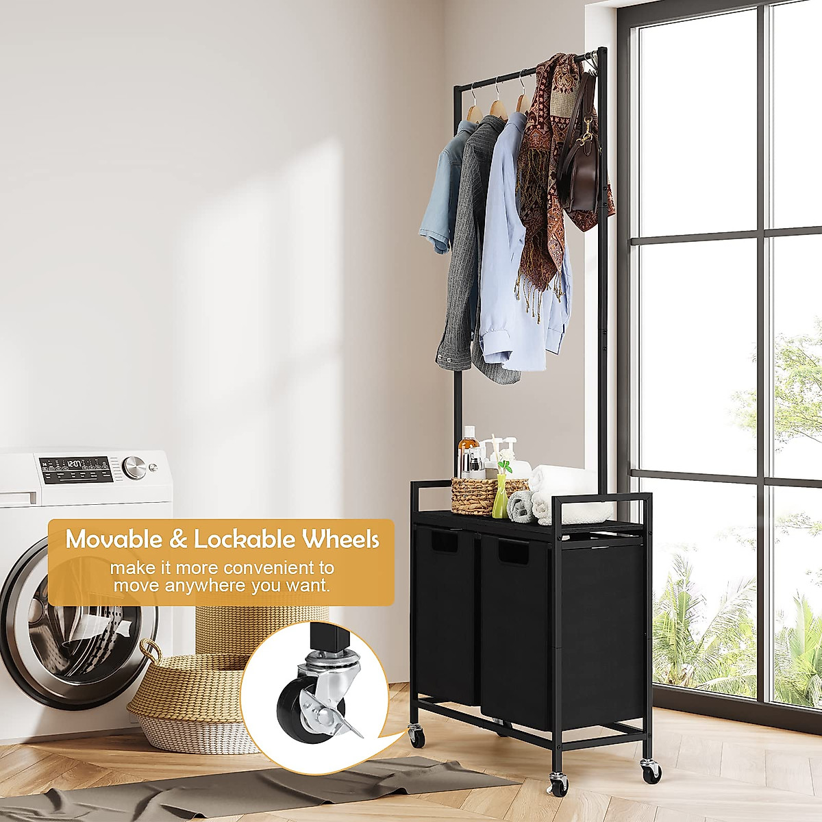 Laundry Hamper with Shelf Grey Laundry Sorter with Wheels 2 Section Laundry Hamper Cart with Hanging Rack 6 Hooks for Laundry Room Bathroom Bedroom, Rustic Grey