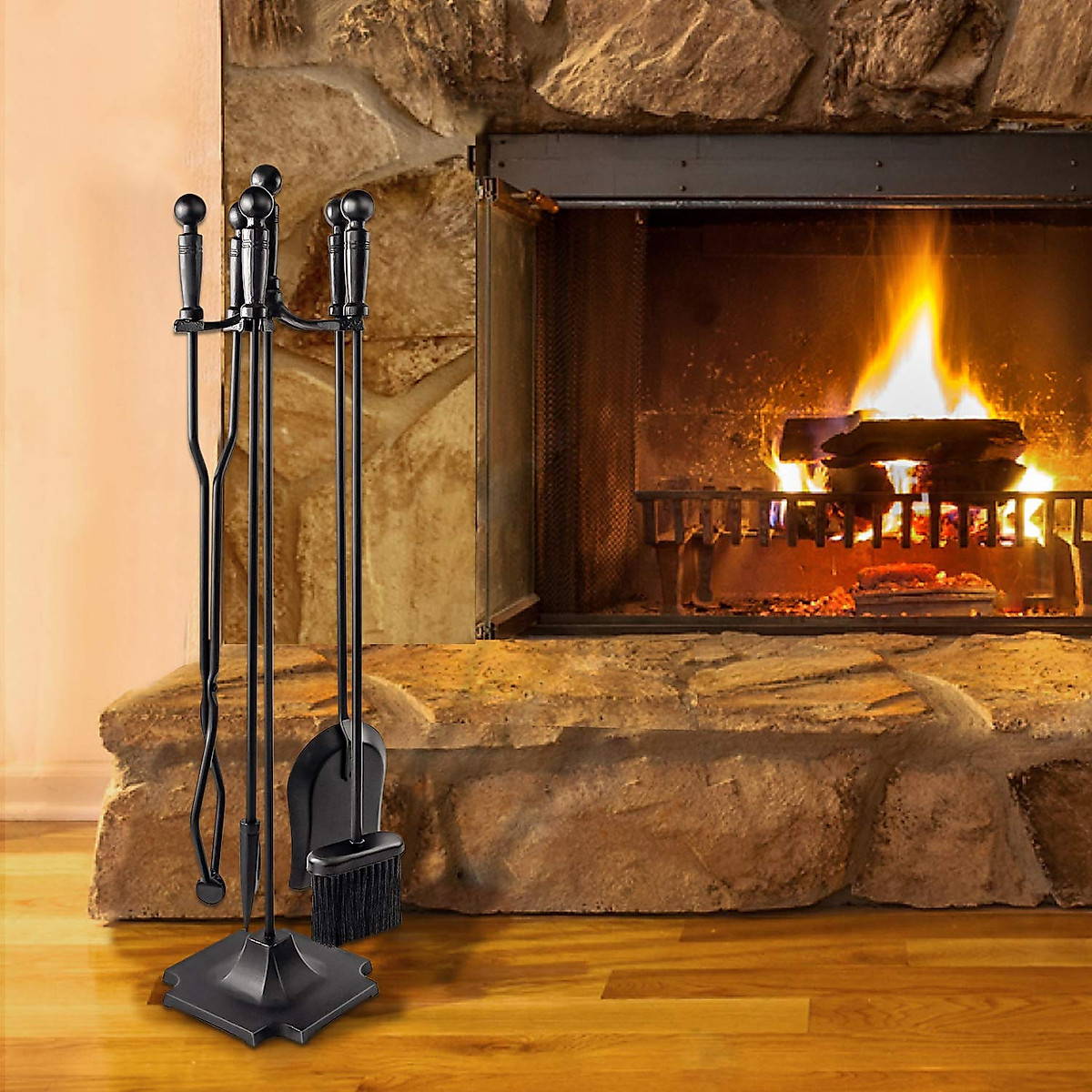 WBHome Fireplace Tools Set 5 Pieces Wrought Iron Fireset Fire Pit Poker Wood Stove Log Tongs Holder Fireplace Tool Set With Pedestal Place, 32 Inch (Black All)