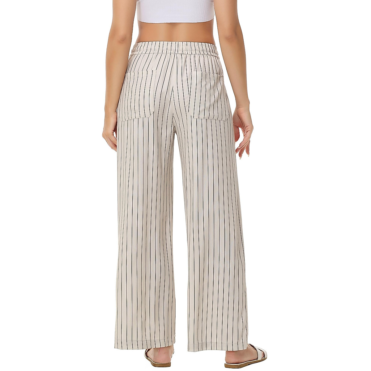 MCEDAR Linen Blend Pants for Women High Waisted Wide Leg Striped Drawstring Beach Pants with Pockets Sgrey-E2XL