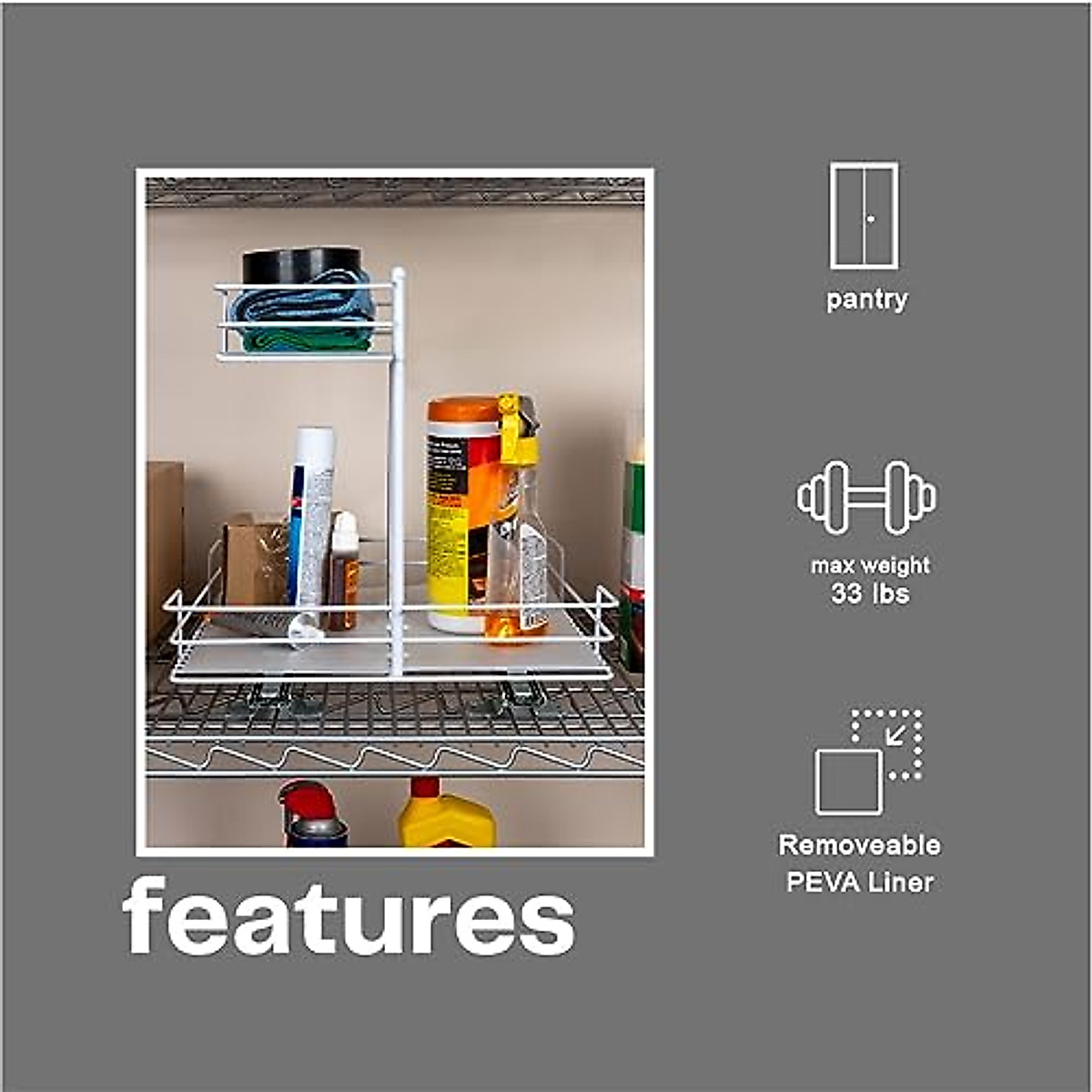 Household Essentials Glidez Paint-Finished Steel Pull-Out/Slide-Out Storage Organizer with Plastic Liners for Under Sink or Cabinet Use- 2 -Tier Design - Fits Standard Size Cabinet or Shelf, White