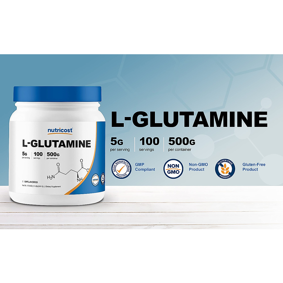 Nutricost L-Glutamine Powder (500 Grams) Unflavored - Gluten Free & Non-GMO, 100 Servings