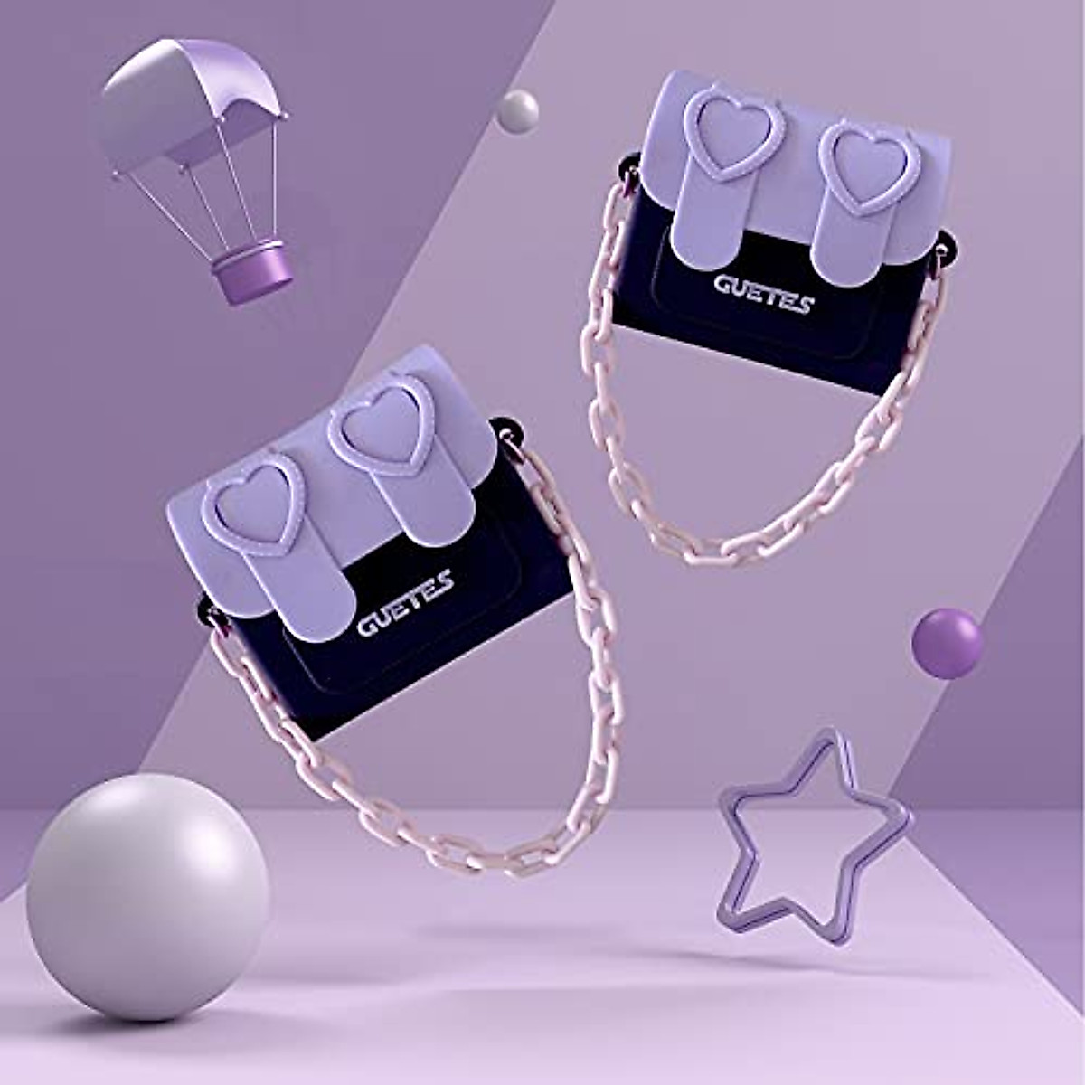 NC Airpod Pro Case Cute for Women, Funny Chain Bag 3D Silicone Case, Protective Accessories CasesKeychainPompomStrap, Compatible with Apple Airpods (2019) for Girl (Purple), 6x4x7cm