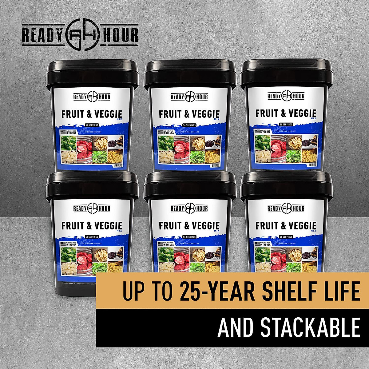 Ready Hour, Fruit & Veggie Mix, Real Non-Perishable Freeze-Dried Food, 30-Year Shelf Life, Portable Emergency and Adventure Food Supply, Durable Flood Safe Container, 56 Servings