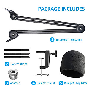 Blue Yeti Boom Arm Mic Stand with Pop Filter - Professional Broadcast Boom Arm for Blue Yeti with Foam Windscreen by YOUSHARES