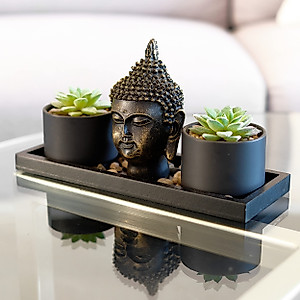 Buddha Statue & Succulent Zen Garden Set- Buddha Head Statue w/ Wooden Display Tray & Stones| Buddha Decor For Home Decor. Beautiful & Peaceful. Great Meditation Gifts.