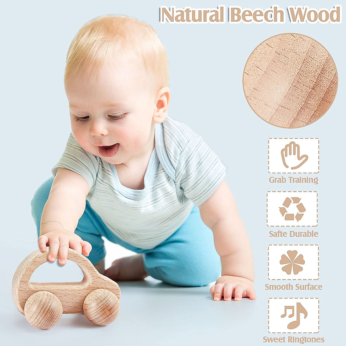 5 Pieces Wooden Baby Toys Wooden Toys for Babies 0-6-12 Months Wood Toys Rattles with Bells Montessori Wood Baby Push Car Wooden Newborn Toy for Infant Boys and Girls Gifts