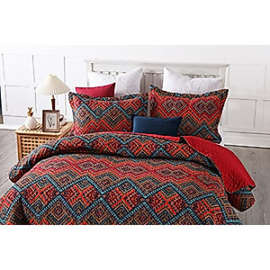 Yvooxny Quilt Set Queen Size Bedspread Bohemian Style Lightweight Cotton Quilted Coverlet Bedding Set for All Seasons, Boho Red Jacquard Pattern, 90 * 98 Inches