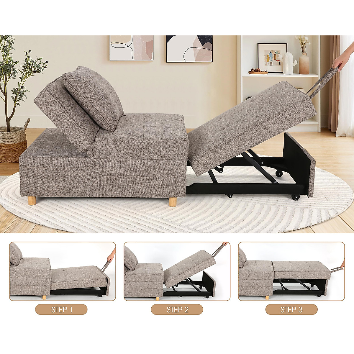 SEJOV Sleeper Sofa Chair Bed,4-in-1 Convertible Sofa Bed Chair with 6 Adjustable Backrest and Pillow, 3-Seat Pull Out Sleeper Chair Linen No Backrest for Bedroom Small Space Living Room, Grey Brown