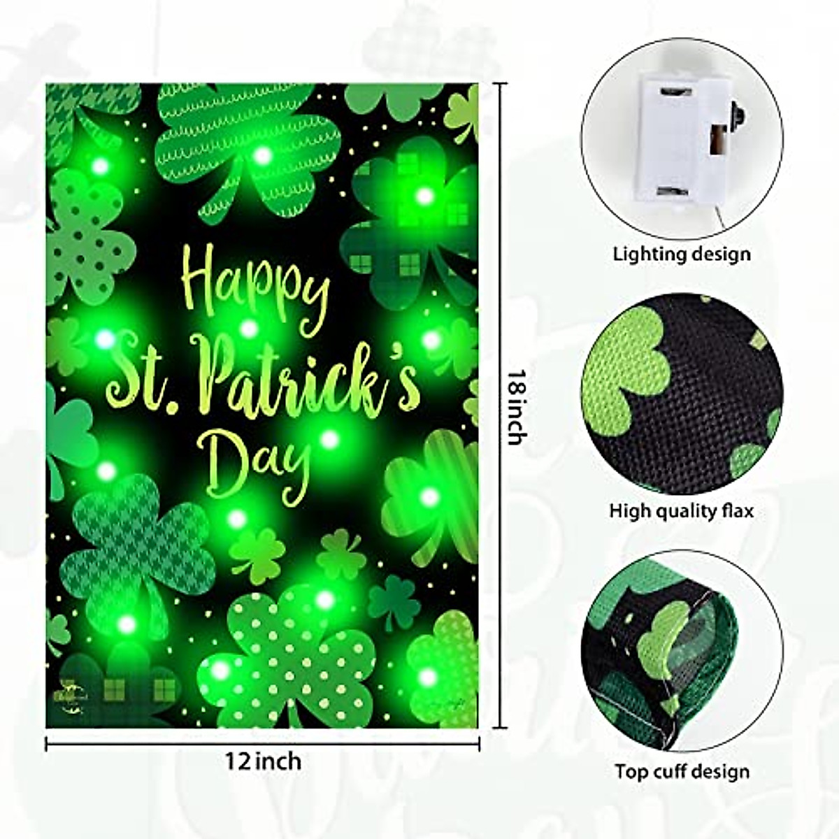 St Patrick's Day Garden Flag with Green Led Lights Good Shamrock Luck Truck Gnome 12 X 18 Inch Double Sided Garden Flag Durable Burlap Shamrock Garden Flag for Lawn Party Outdoor Decorations (Shamrock)