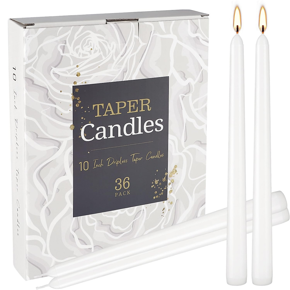36 Pack 10 inch White Taper Candles, 7-7.5 Hour Burn Time,Unscented Dripless and Smokeless, Elegant Premium Quality Dinner Candle for Home Décor, Restaurant, Wedding, Party Candlesticks