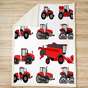 Red Tractor Sherpa Blanket Heavy Equipment Fleece Throw Blanket Kids Boys Girls Harvester Tractor Plush Blanket Farm Equipment Fuzzy Blanket for Sofa Bed Couch,Twin 60x80 Inches