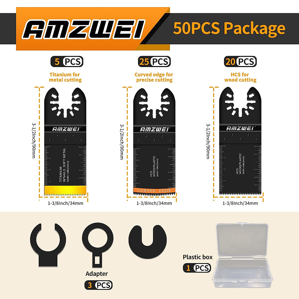 AMZWEI 50PCS Multi Tool Blade Kits, Professional Titanium Oscillating Tool Blades for Metal, Wood, Plastic, Curved Edge Oscillating Saw Blades Compatible with Dewalt Milwaukee Ryobi Rockwell Fein