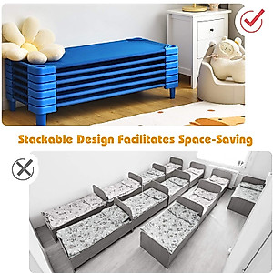 DORTALA Toddler Daycare Cots, Pack of 6, Stackable Sleeping Cots for Kids w/Easy Lift Corners, Children Nap Cots for Nursery, Preschool, Classroom, Naptime, Dark Blue